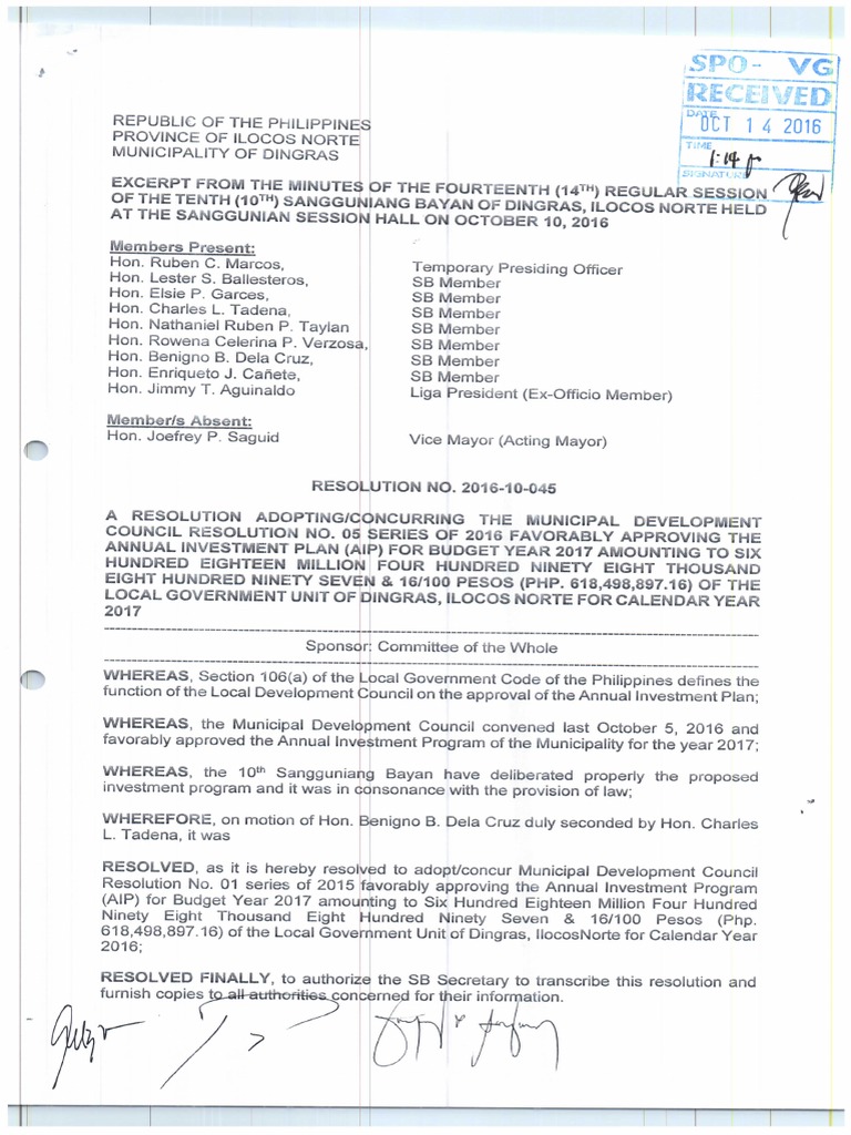 Municipal Resolution No. 2016-10-045 MDC AIP 2017 | PDF