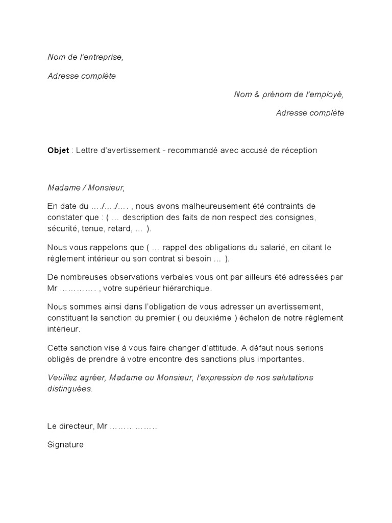 Modèle de Lettre Davertissement Pour Non Respect Consignes | PDF