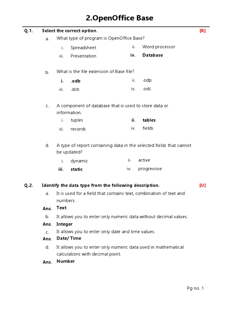 2.openoffice Base: Q.1. Select The Correct Option | PDF | Table (Database) | Databases