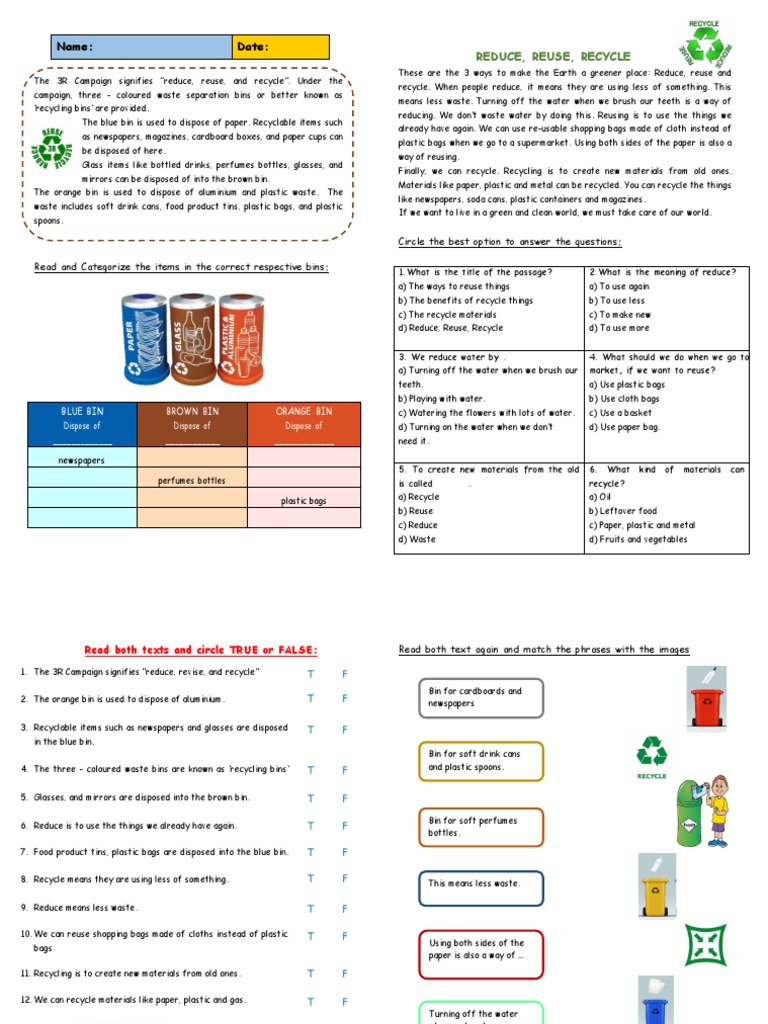 Recycling Reading Comprehension Worksheet 1 | PDF | Recycling | Reuse