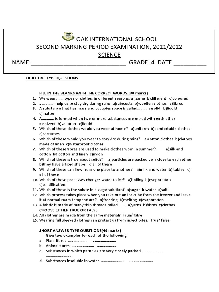 Oak International School Second Marking Period Examination, 2021/2022 ...