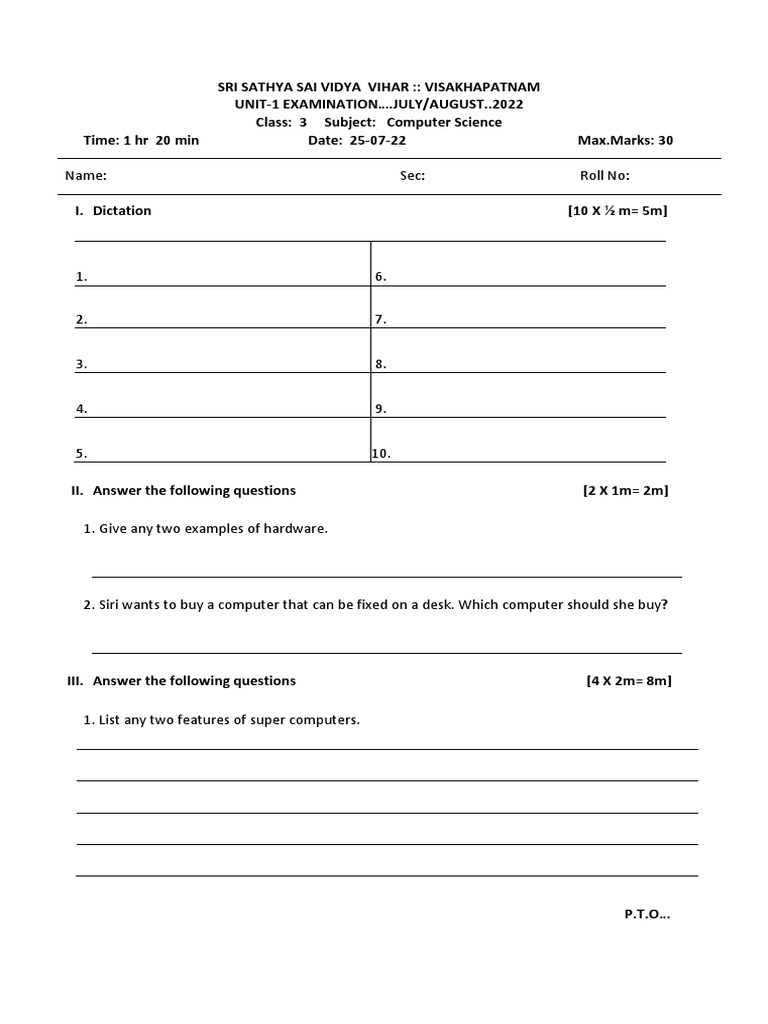 STD 3 Unit-1 Question Paper-1 | PDF | Computer Hardware | Operating System