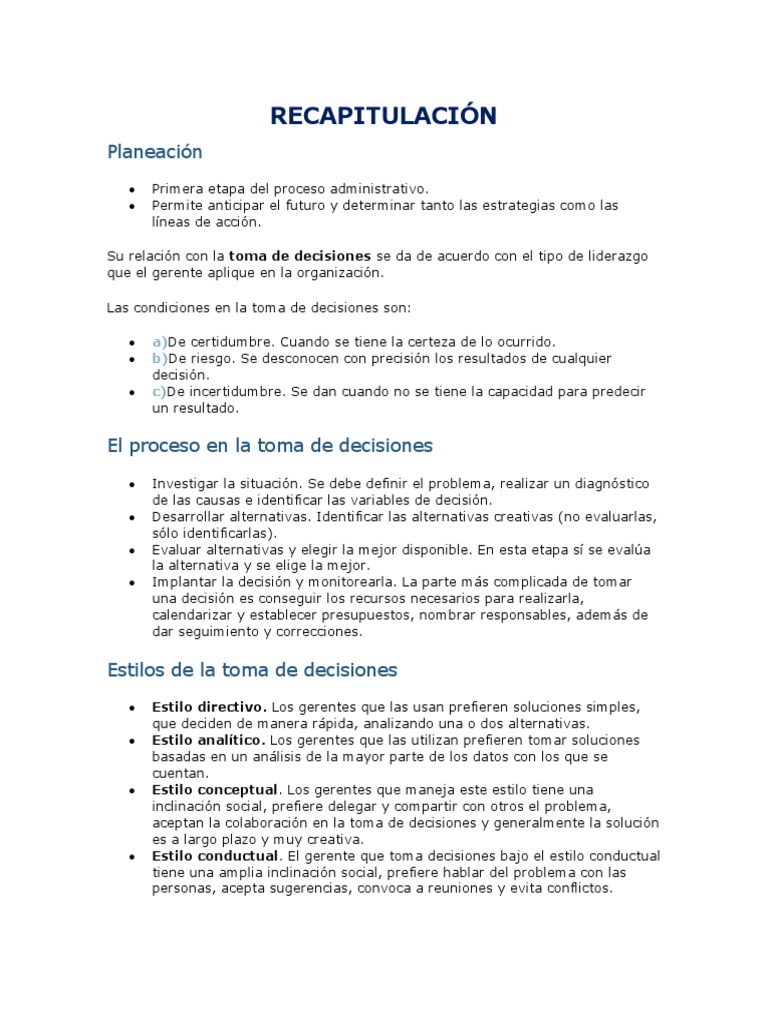 Recapitulación | PDF | Toma de decisiones | Business