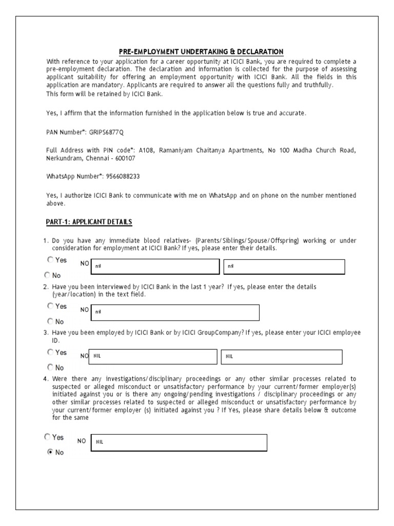 Pre-Employment Undertaking & Declaration: Part-1: Applicant Details ...