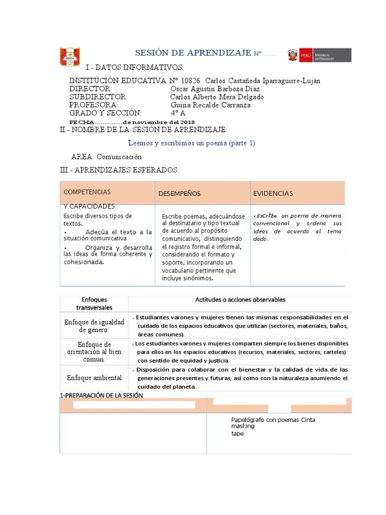 Leemos Y Escribimos Un Poema Pdf Aprendizaje Salón De Clases