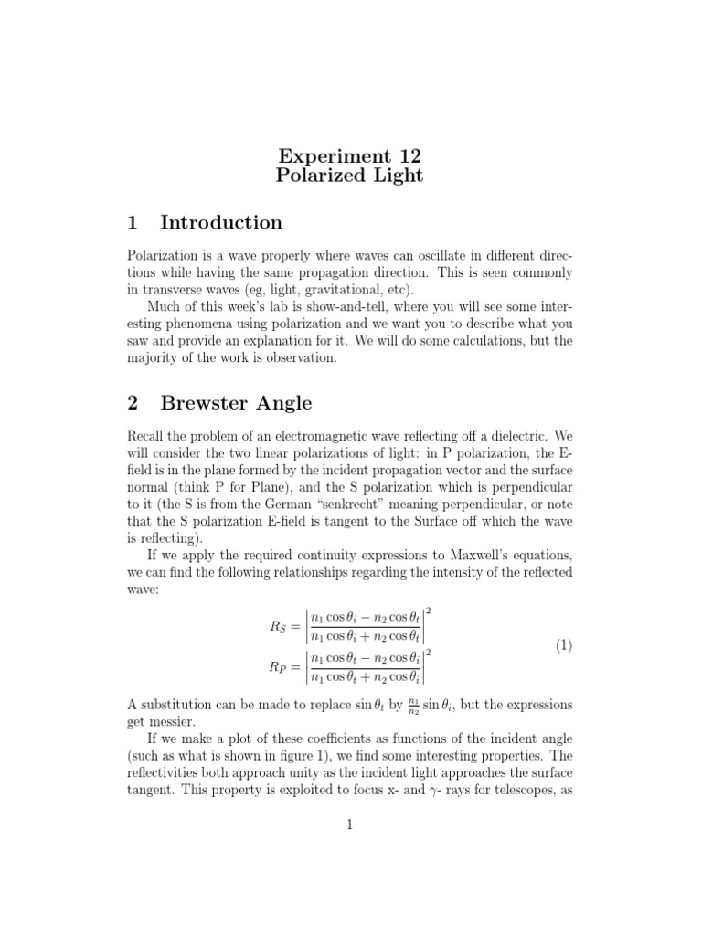 Experiment 12 Polarized Light 1: 1 I 2 T 1 I 2 T 2 | PDF | Polarization ...