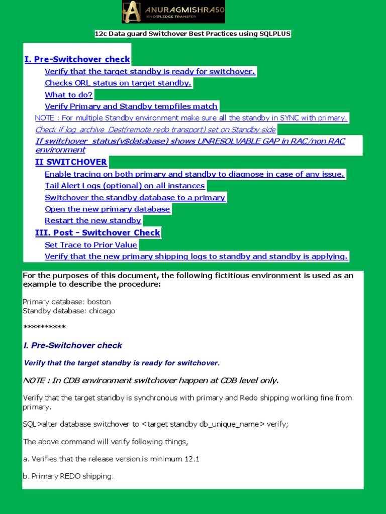 12C Data Guard Switchover Best Practices Using Sqlplus | PDF | Databases | Information Age