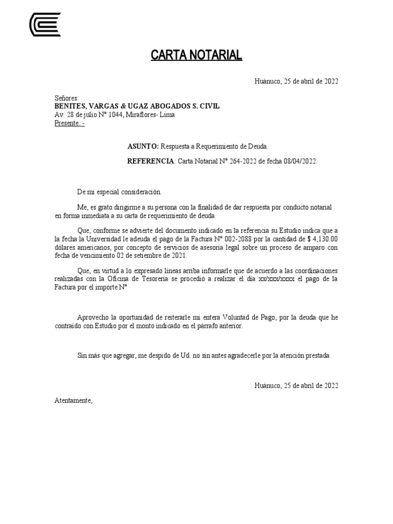 Carta Notarial - Requerimiento de Pago | PDF