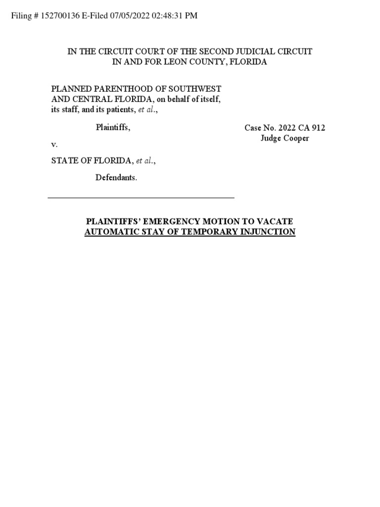 Plaintiffs' Emergency Motion To Vacate Automatic Stay of Temporary Injunction | PDF | Injunction ...