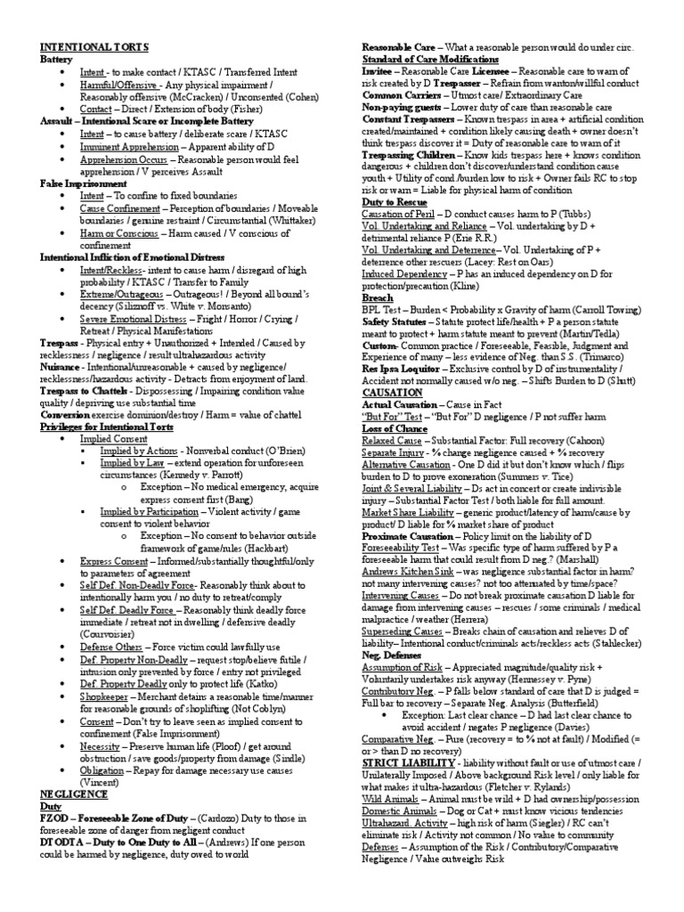 Torts Attack Sheet 1 | PDF | Negligence | Causation (Law)