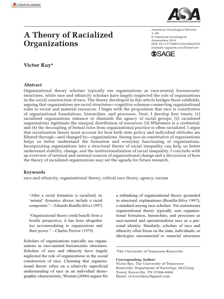 Victor Ray - A Theory of Racialized Organizations | PDF | Race (Human ...