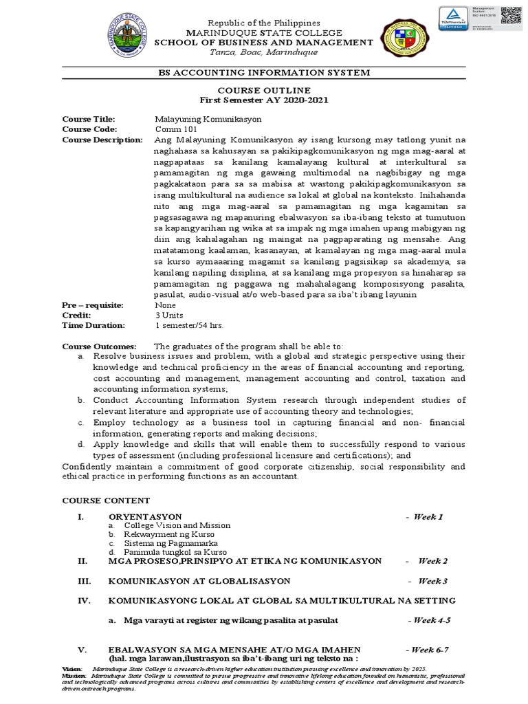 Course Outline Filipino | PDF