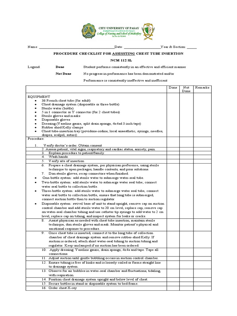 Procedure Checklist For Assissting Chest Tube Insertion NCM 112 SL Done ...