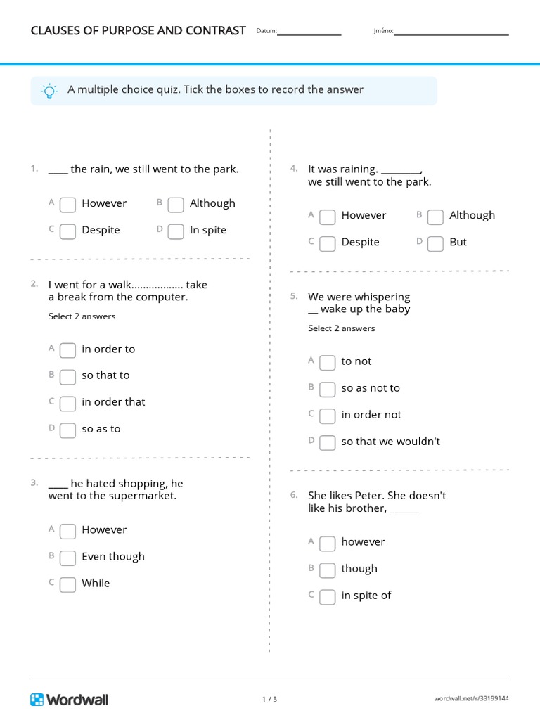 Purpose and Contrast Clauses Exercises | PDF