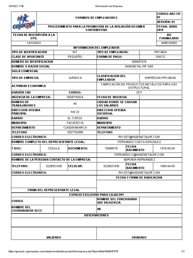 Formulario Cajacopi | PDF