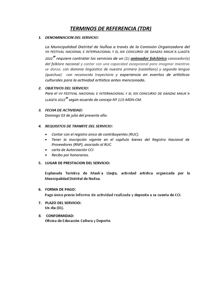 Terminos de Referencia (TDR) | PDF