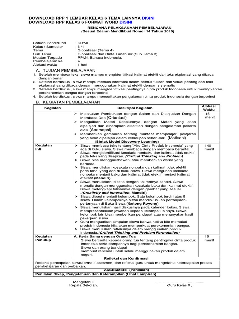 A. Tujuan Pembelajaran: Download RPP 1 Lembar Kelas 6 Tema Lainnya ...