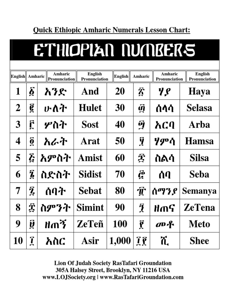 Amharic Numbers 1-100 Guide | PDF
