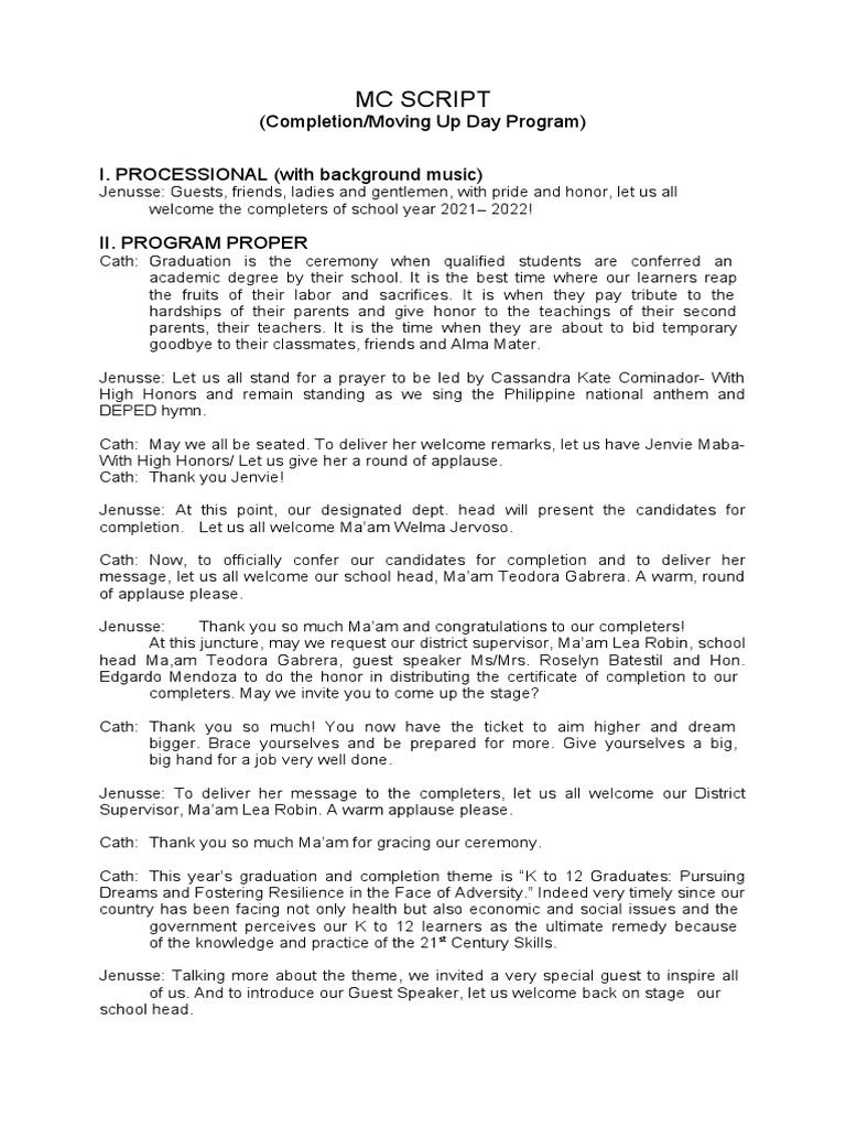 Emcee Script For Moving Up or Graduation | PDF