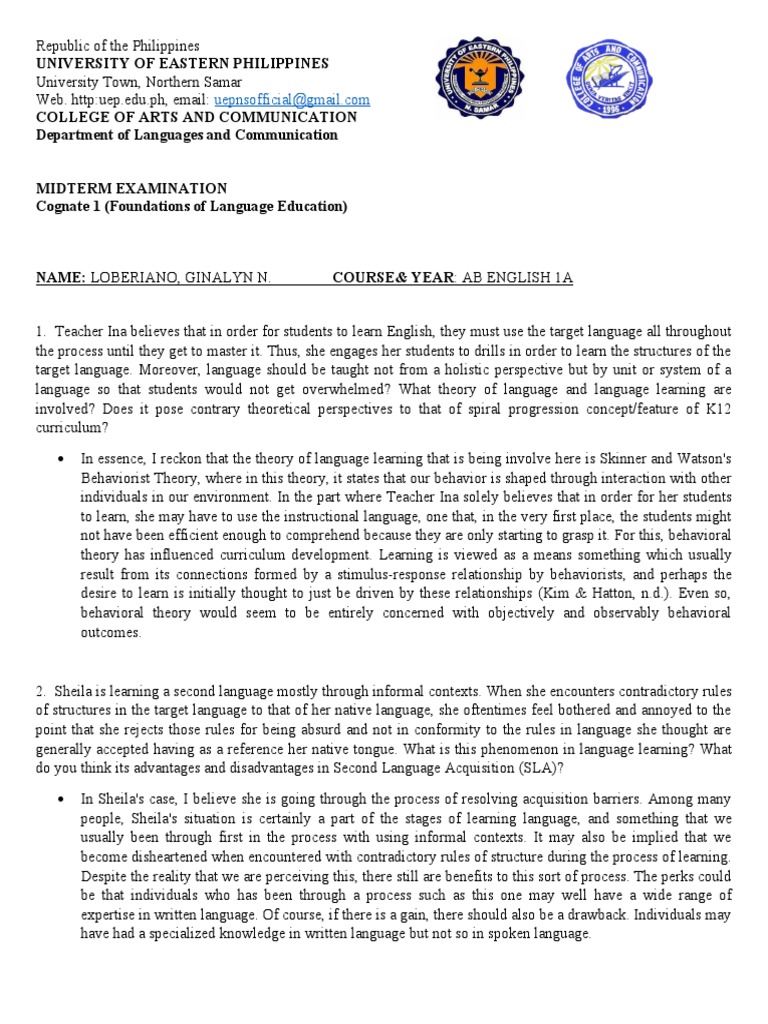 Cognate Midterm Exam | PDF | Second Language Acquisition | Language Education