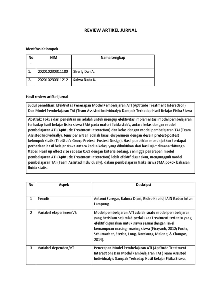 (180&212) Reviw Jurnal Desain Dua Kelompok (Static Group Pretest ...