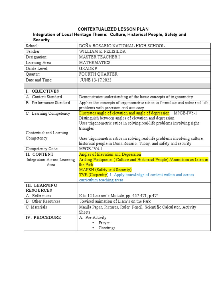 Contextualized Lesson Plan (Autorecovered) | PDF | Trigonometry | Learning