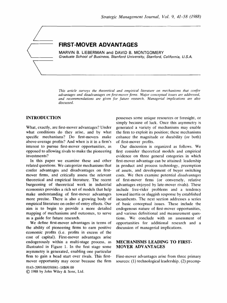 First-Mover Advantages: Marvin B. Lieberman and David B. Montgomery ...