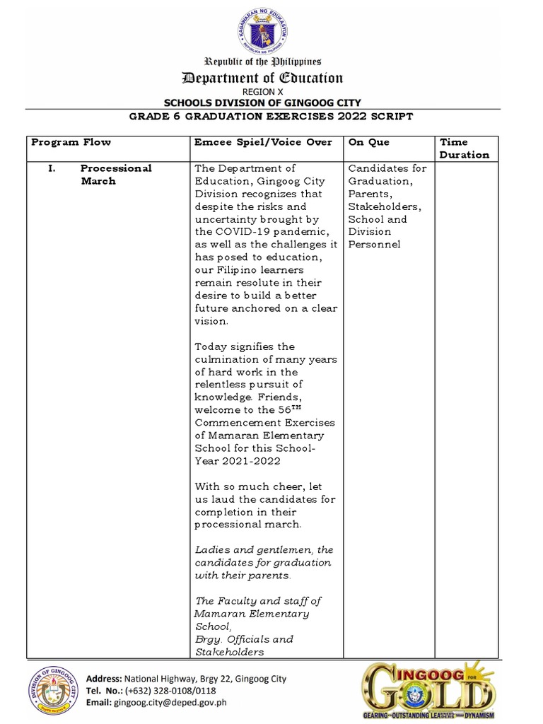 Grade 6 Graduation Exercises 2022 Script Program Flow Emcee Spiel/Voice ...