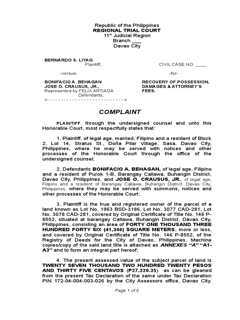 Complaint: Regional Trial Court | Download Free PDF | Lawsuit | Damages