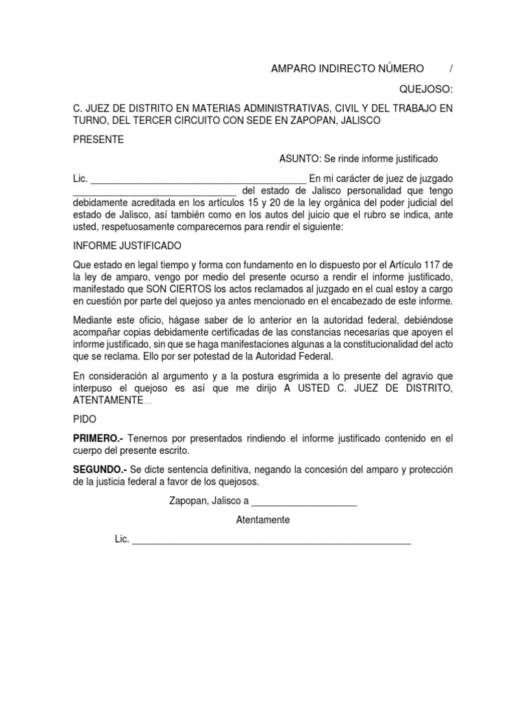 Informe justificado de un juez de juzgado estatal en un juicio de amparo indirecto | PDF