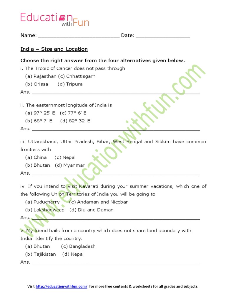 India - Size and Location Worksheet 2 | PDF