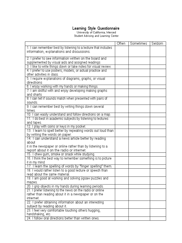 Learning Style Questionnaire Guide | PDF | Lecture | Learning