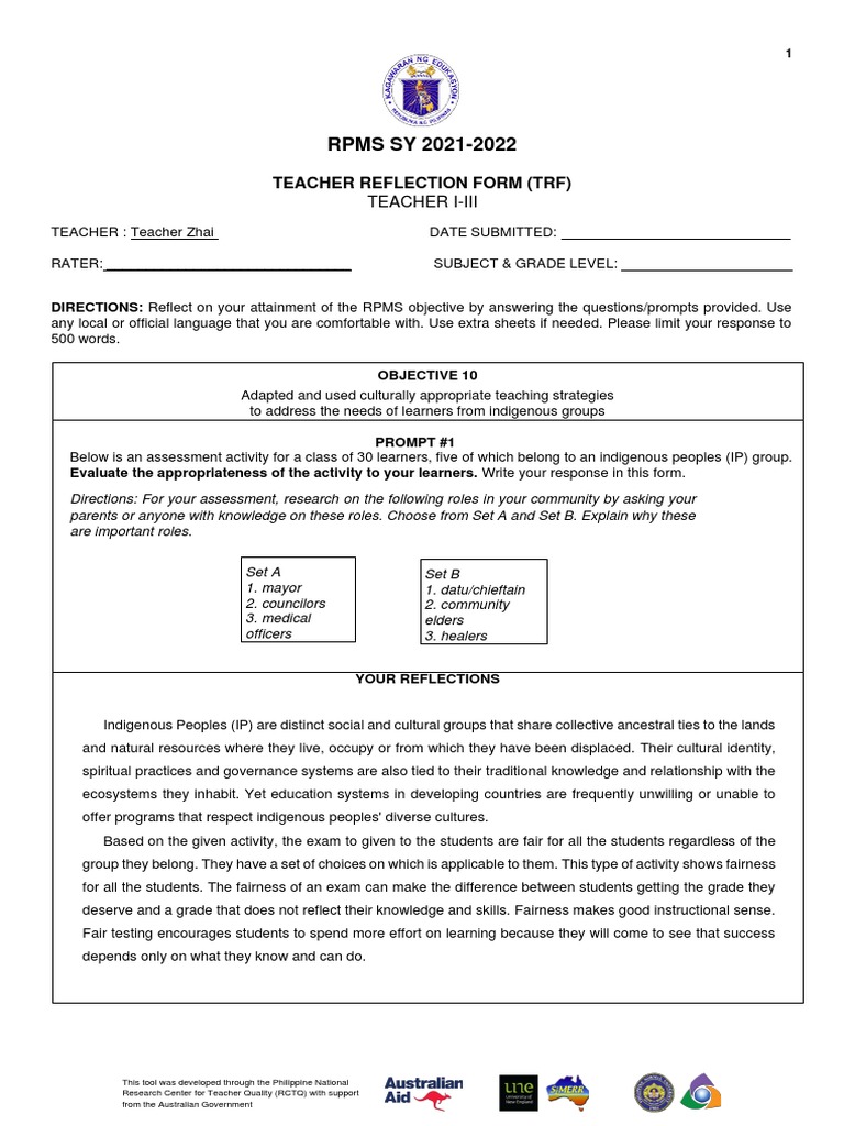 Teacher Zhai[Appendix 4A] Teacher Reflection Form for T I-III for RPMS ...