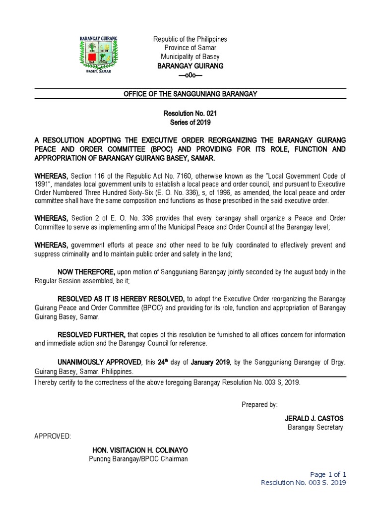 Resolution No. 003-2019 BPOC Resolution Adopting EO | PDF | Government | Justice