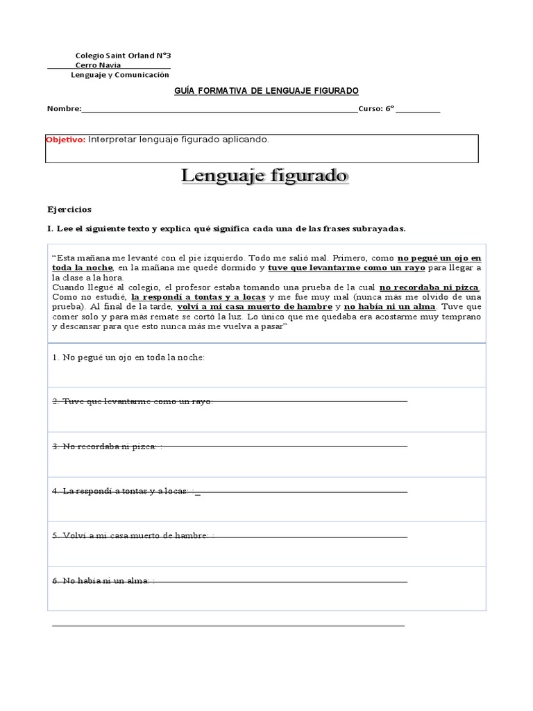 6° Básico Lenguaje Guía Formativa Lenguaje Figurado y Figuras ...
