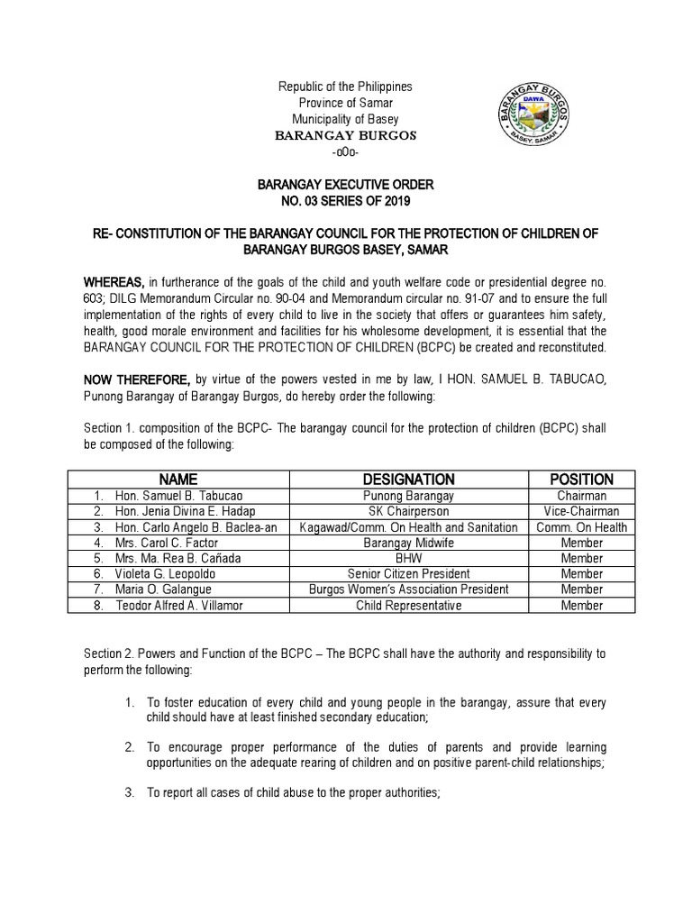 Reconstitution of the Barangay Council for the Protection of Children ...