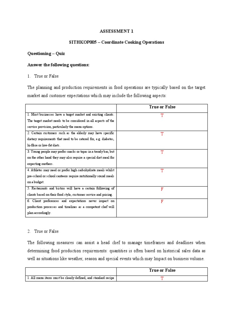 Assessment 1 SITHKOP005 - Coordinate Cooking Operations Questioning ...