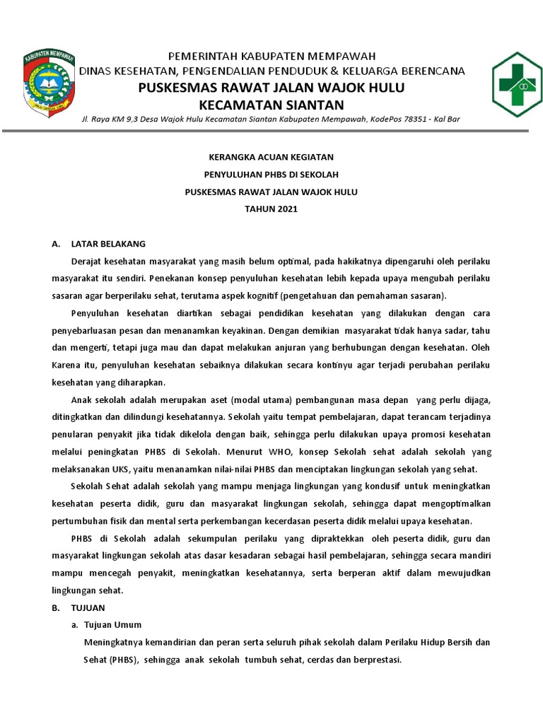 KAK Penyuluhan PHBS Di Sekolah 2021 | PDF