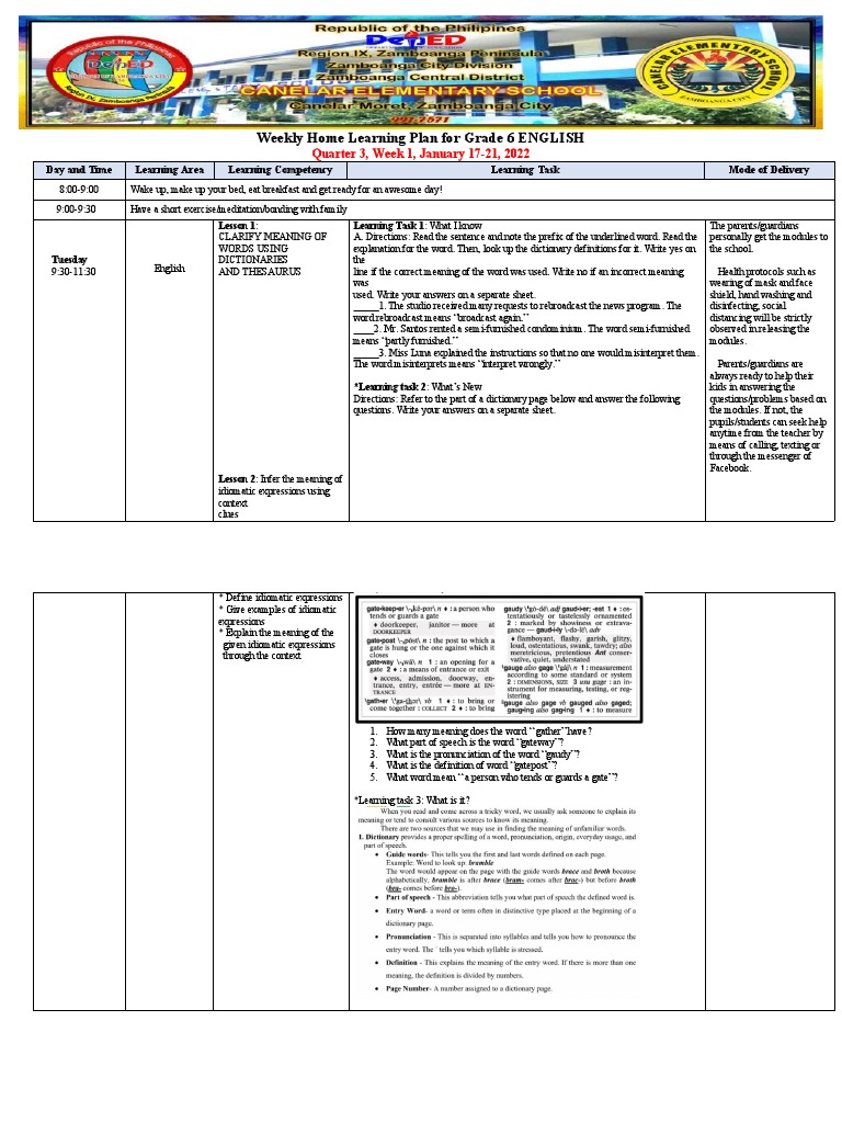 Weekly Home Learning Plan for Grade 6 ENGLISH Quarter 3 | PDF | Writers ...