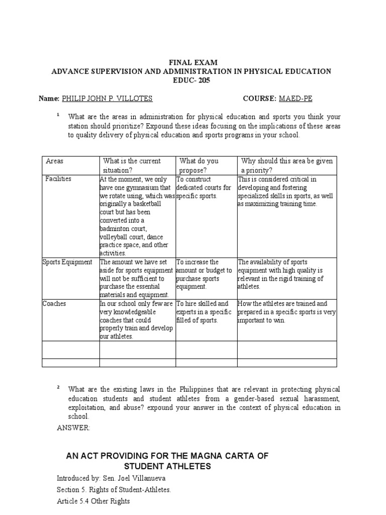 Final Exam Advance Supervision and Administration in Physical Education ...