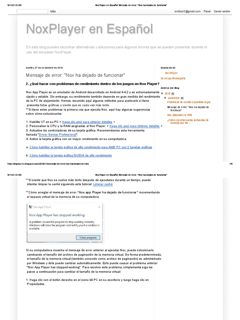NoxPlayer en Español - Mensaje de Error - Nox Ha Dejado de Funcionar | PDF | Software | Informática
