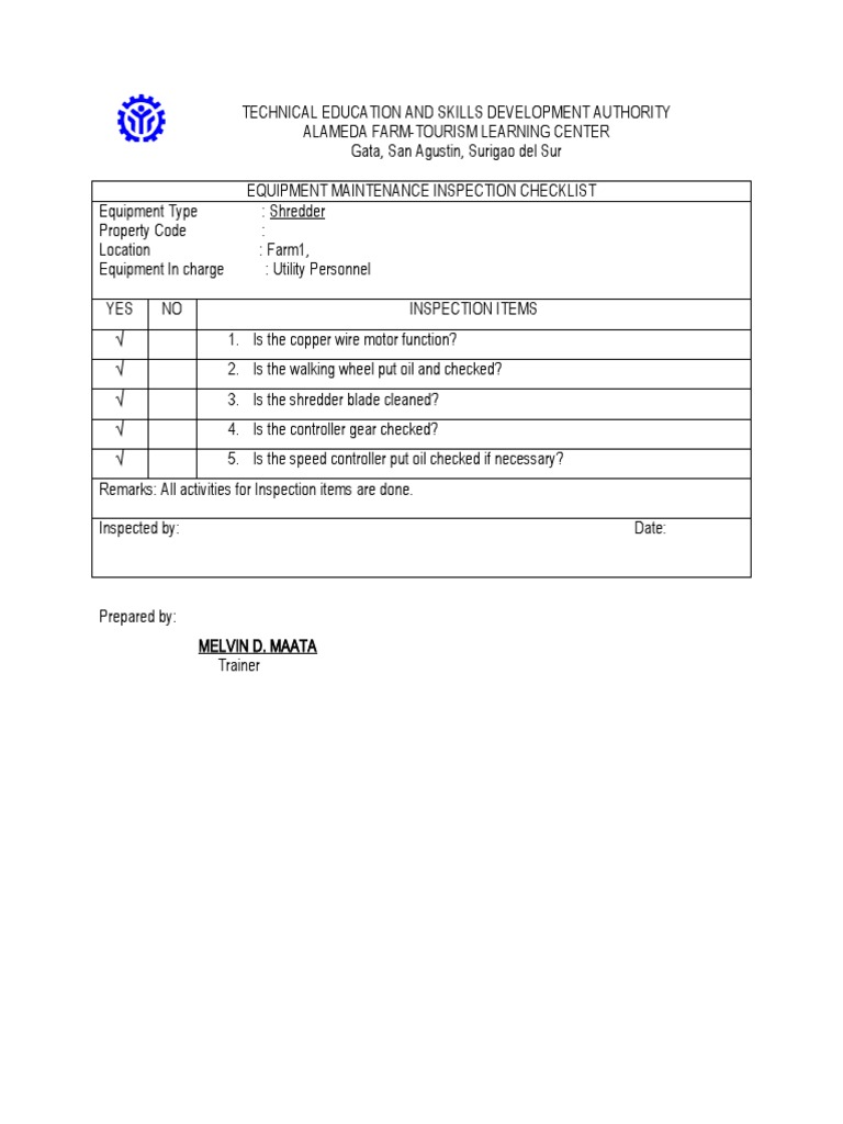 Sample Equipment Inspection Checklist | PDF