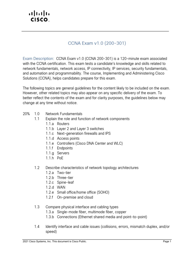 CCNA 200-301 Exam Topics Overview | PDF | Cisco Certifications | Ip Address