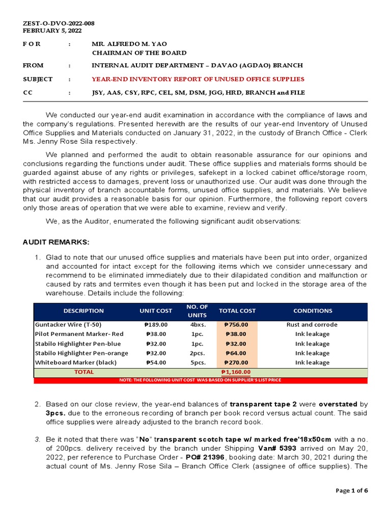 Year-End Inventory Report of Unused Office Supplies | PDF | Audit ...