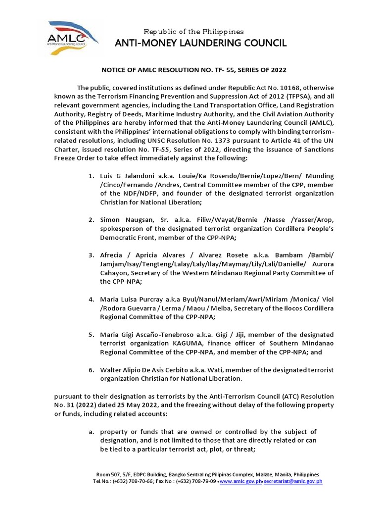 Notice of Amlc Reso TF-55 Series of 2022 | PDF | Government | Justice