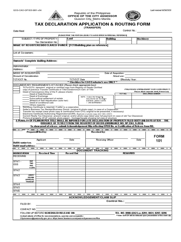 Tax Declaration Application & Routing Form: Date Filed: Control No ...
