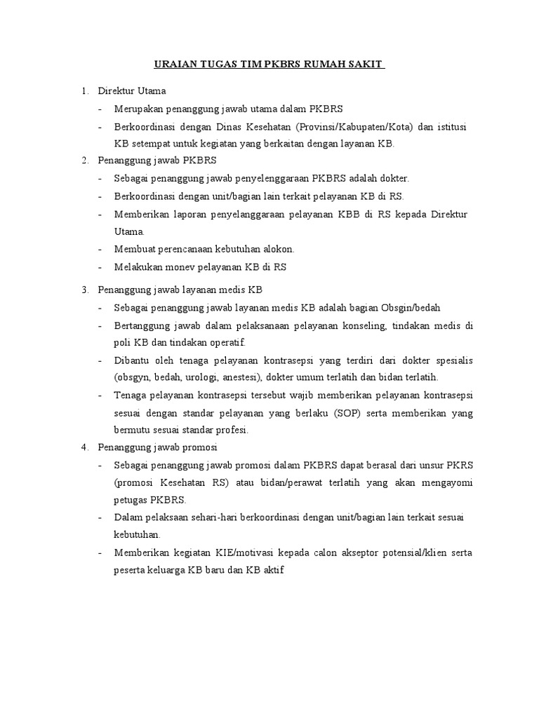 Uraian Tugas Tim PKBRS Rumah Sakit | PDF