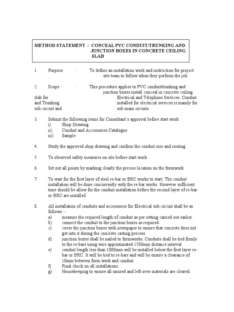 Method Statement: Conceal PVC Conduit/Trunking and Junction Boxes in Concrete Ceiling | PDF ...