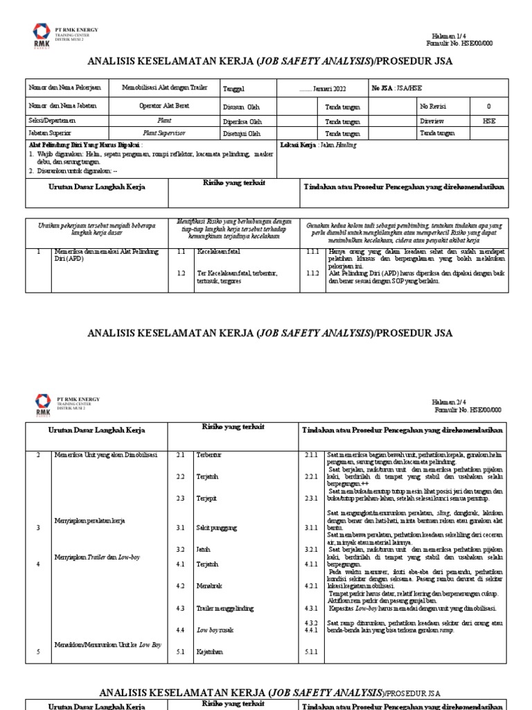 JSA Memobilisasi Alat Dengan Trailer | PDF