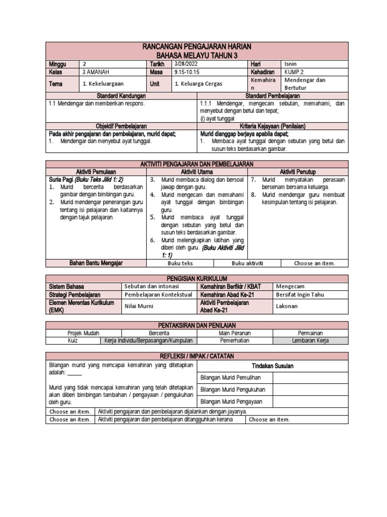 Keluarga Cergas (2) RPH BM THN 3 | PDF